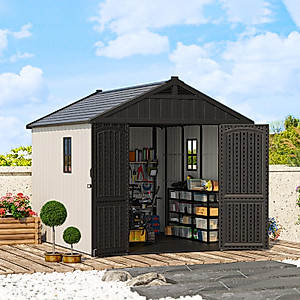 Patiowell 8 x 10 FT Resin Outdoor Storage Shed with Floor, Plastic Shed with Window and Lockable Door for Garden, Backyard, Tool Storage Use, Easy to Install in Beige (Kick-it Shed)