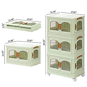 EHAMILY Stackable Storage Bins with 1 Lid Set 3 Tier,8.4 Gal Clear Plastic Folding Storage Box with Wheel and Door,Large Foldable Cabinet Collapsible Bin for Closet Organizer,Clothes,Green