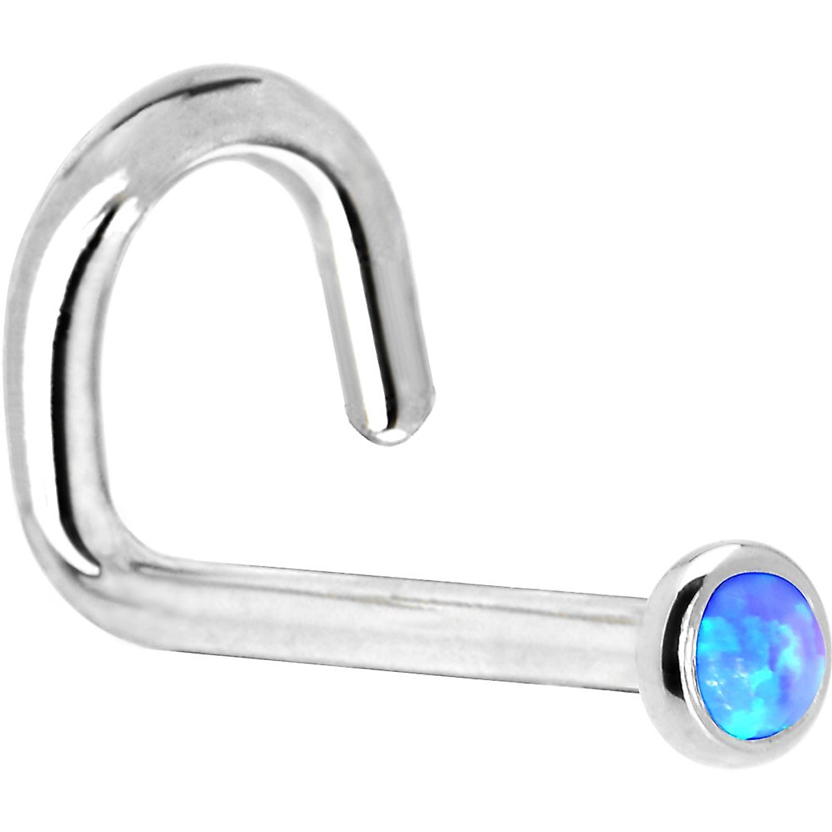 Body Candy Solid 14k White Gold 2mm Blue Synthetic Opal Left Nose Stud Screw 18 Gauge 1/4"