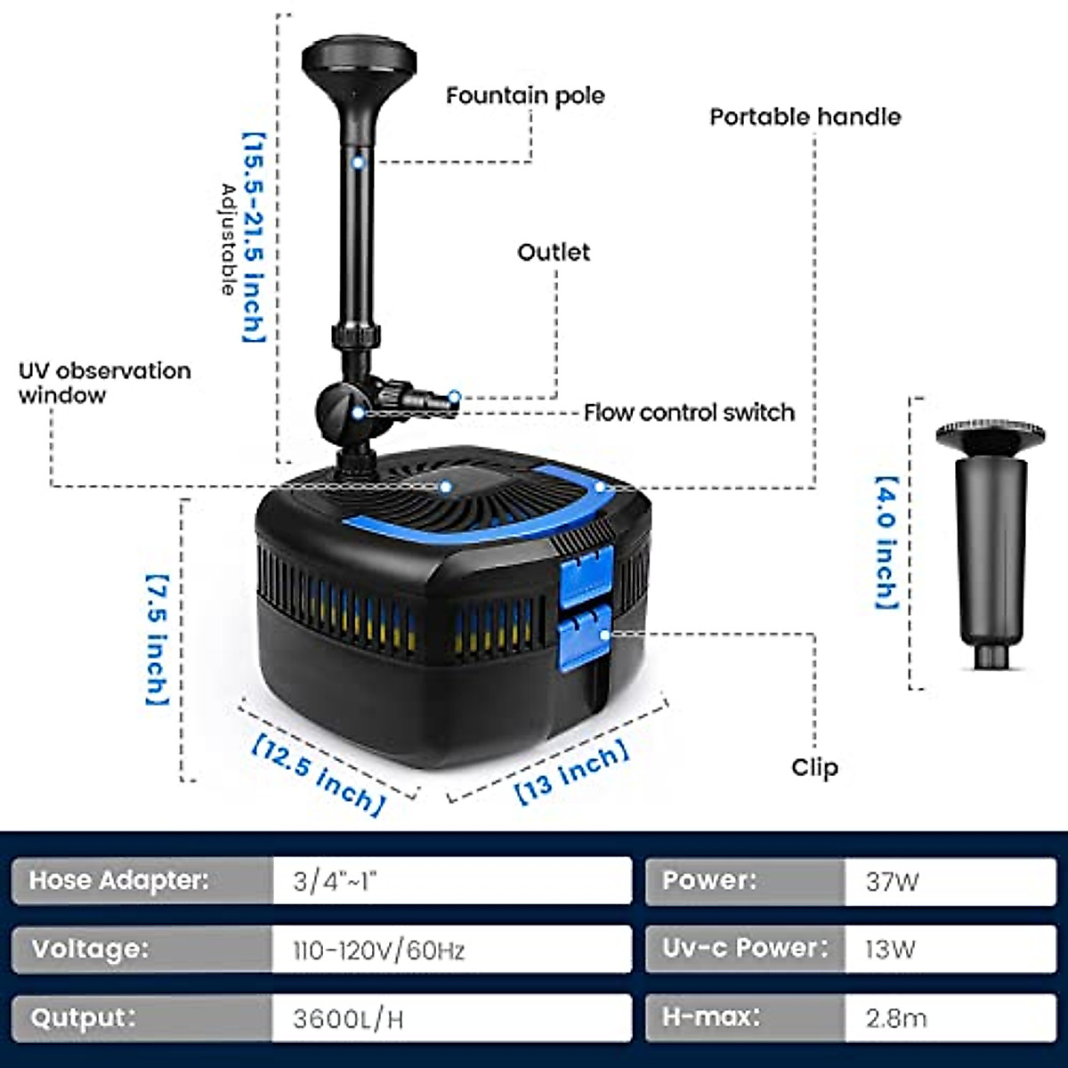 ANBULL Pond Filter Pump 950GPH, 110V/37W Fountain Submersible Water Pump can Adjust Water Flow, High Efficiency Filter Water Pump for Clearing Pond Garden Waterfall Fish Tank Aquarium