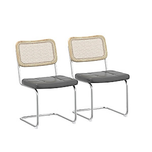 Dining Chairs Set of 2, Upholstered Dining Room Kitchen Side Chairs with Backrest and Metal Legs, Mid Century Modern Armless Farmhouse Rattan Dining Chairs for Living Room, Kitchen, Restaurant, Grey