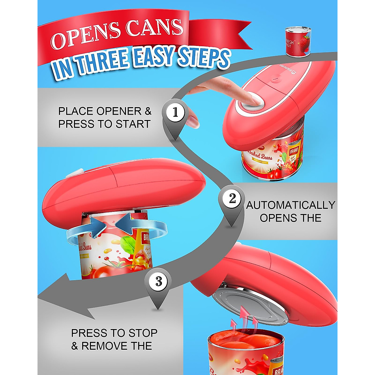 Electric Can Opener, Hand Free Can Opener Easy Open Any Can Sizes with Smooth Edge, Food-Safe Portable Battery Operated Electric Can Openers (Red)