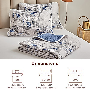 Joyreap 2 Pieces Microfiber Quilt Set, Botanical Blue Leaves on Light Gray Reversible Design, Bedspread Bed Cover for All Season, 1 Quilt and 1 Pillow Sham (Twin, 68x86 inches)