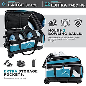 GoHimal Double Roller 2 Ball Bowling Bag with Separate Shoe Compartment for Bowling Shoes (Up To US Men Size 15) and Abundant multifunction Accessory Pocket, Upgraded fabric, Retractable Handle -
