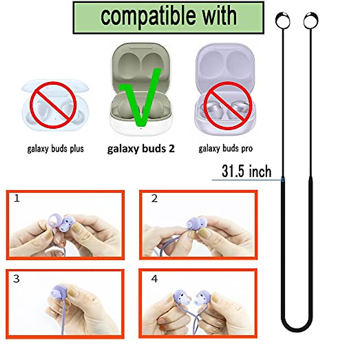 QYTOJQX Galaxy Buds 2 Strap String Lanyard Anti-Lost Leash Sports Neck Rope Cord, Soft Silicone Special Anti-Slip Texture Design Wireless Earphone, Compatible with Samsung Galaxy Buds 2 (Lilac)