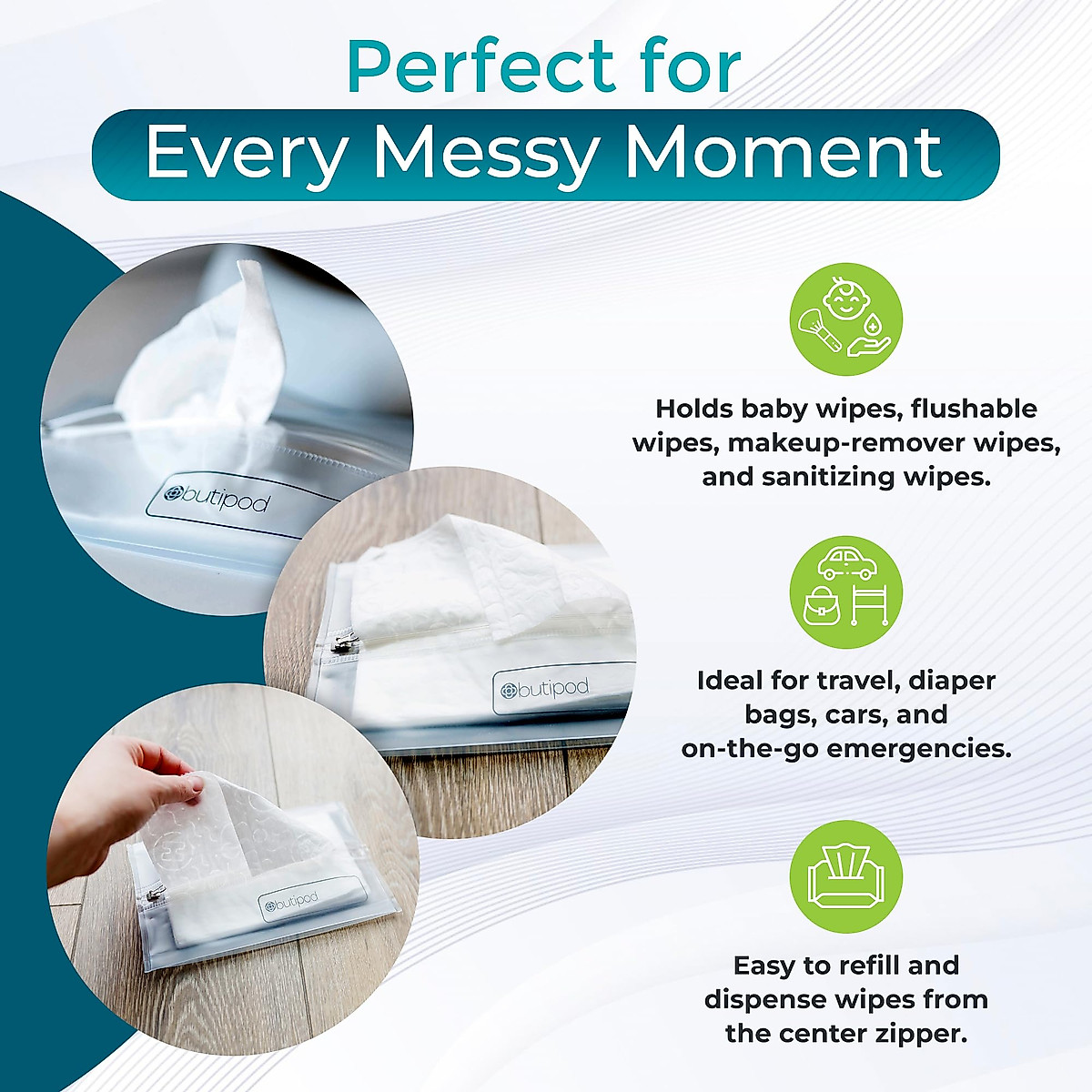 Butipods Reusable Travel Wipes Case - Portable Moisture-Retaining Pouch, Slim Holder and Convenient Container for Diaper Bag, Dispenser for Hand, Face, Makeup Removal, and Wet Wipes - Set of 2 (Clear)