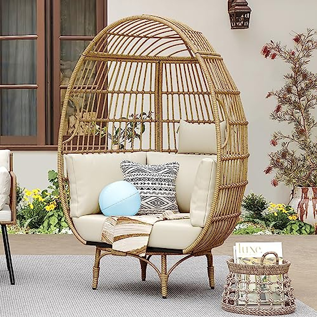 YITAHOME Swivel Outdoor Egg Chair, Wicker Patio Rotating Basket Chair with 370lbs Capacity, All-Weather Oversized Stationary Egg Lounger Chair for Indoor Living Room Outside Balcony Backyard (Beige)