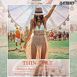 LEACOOLKEY Women Skinny Leather Belt for Dress Western Buckle Adjustable Thin Waist Belt for Jeans