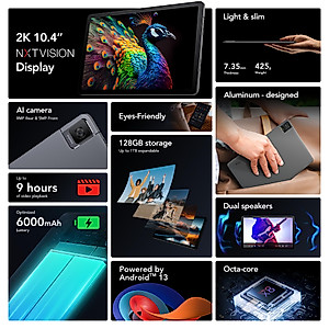 TCL TAB 10 Gen 2, 10.4" Wi-Fi Android Tablet 128GB, 2K Full HD Screen, 6000mAh Battery, Android 13, Slim Design, 2023 Release, US Version, Space Gray