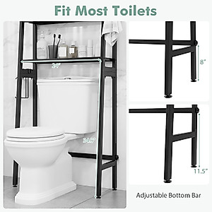 HAPPYGRILL Over The Toilet Storage, 3-Tier Over The Toilet Rack, Bathroom Space Saver w/ 2 Hanging Hooks, Adjustable Bottom Bar & Toilet Paper Holder, Metal Over Toilet Bathroom Organizer (Black)