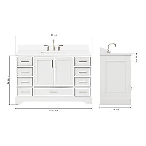 ARIEL Stafford 55" White Bathroom Vanity, 1.5" Edge Pure White Quartz Countertop & Splash, Single Rectangular Sink, 2 Soft Closing Doors, 9 Full Extension Dovetail Drawers, Brushed Nickel