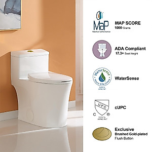 HOROW T0338WG One Piece Toilet with Gold Button, Elongated Toilet with Comfort Seat Height, ADA Chair Height 17.3", Dual Flush 0.8/1.28 GPF & MAP 1000g, Standard White Toilet Bowl, Gold Tank Button