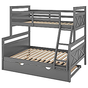 Merax Trundle Bunk Bed, Twin Over Full Wood Bunk Bed with Twin Size Trundle, Solid Wood Bunk Bed Frame with Guardrail and Ladder, Grey