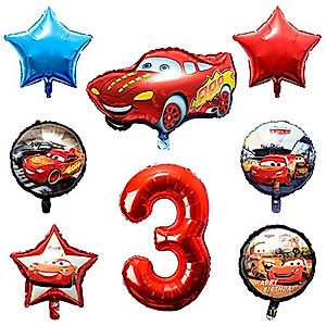 PANTIDE 8 Packs Race Car Balloons for 3rd Birthday Kit - Racing Double-Sided Foil Balloons, Giant Red Number 3 Balloons, Let’s Go Racing Birthday Party Decorations Supplies for Kids Boys Race Fans