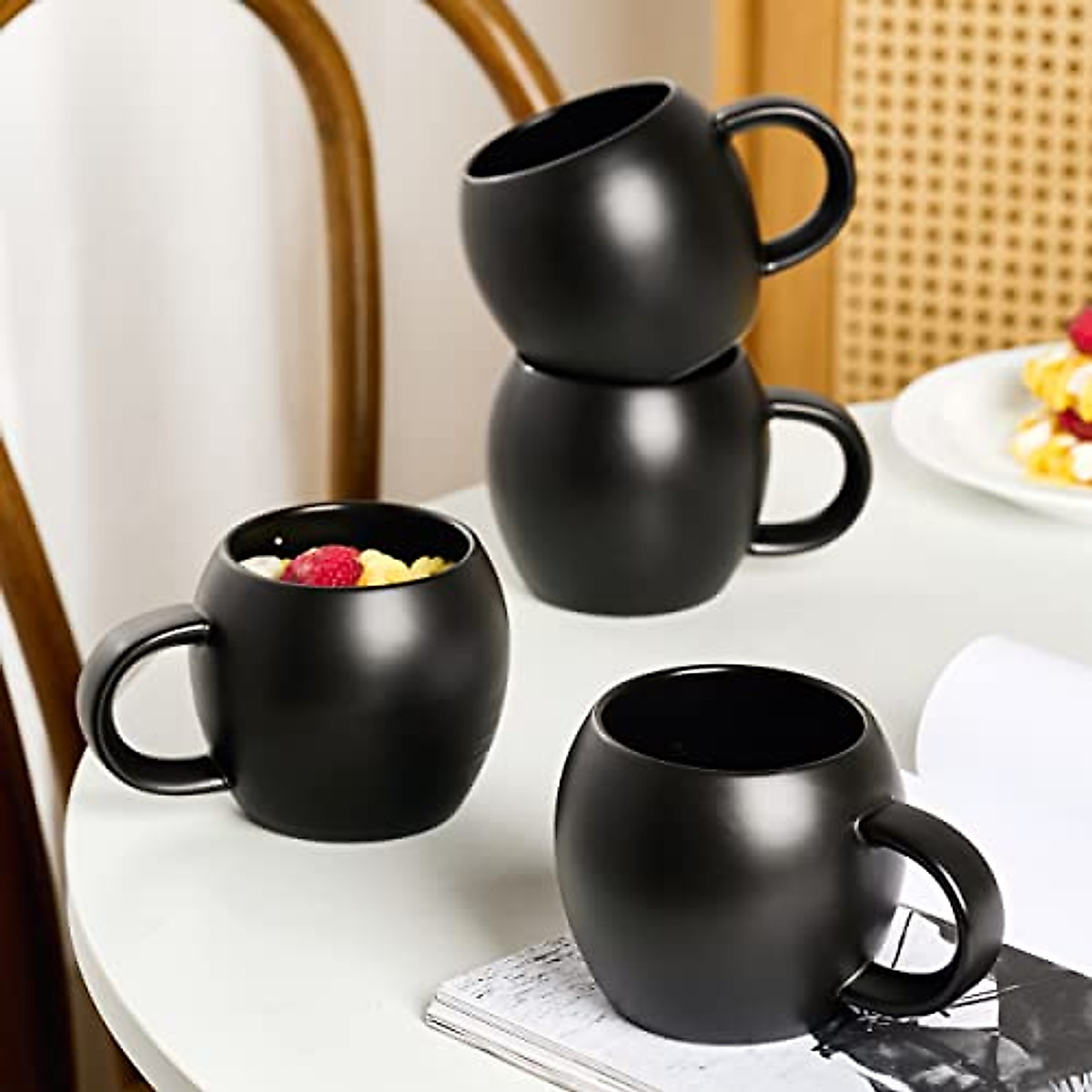LYEOBOH Coffee Mugs Set Porcelain Coffee Cups,14 OZ Coffee Mugs Ceramic Tea Mug for Hot Cocoa, Diner, Ceramic Large Latte Mug Set of 4, Matte Black