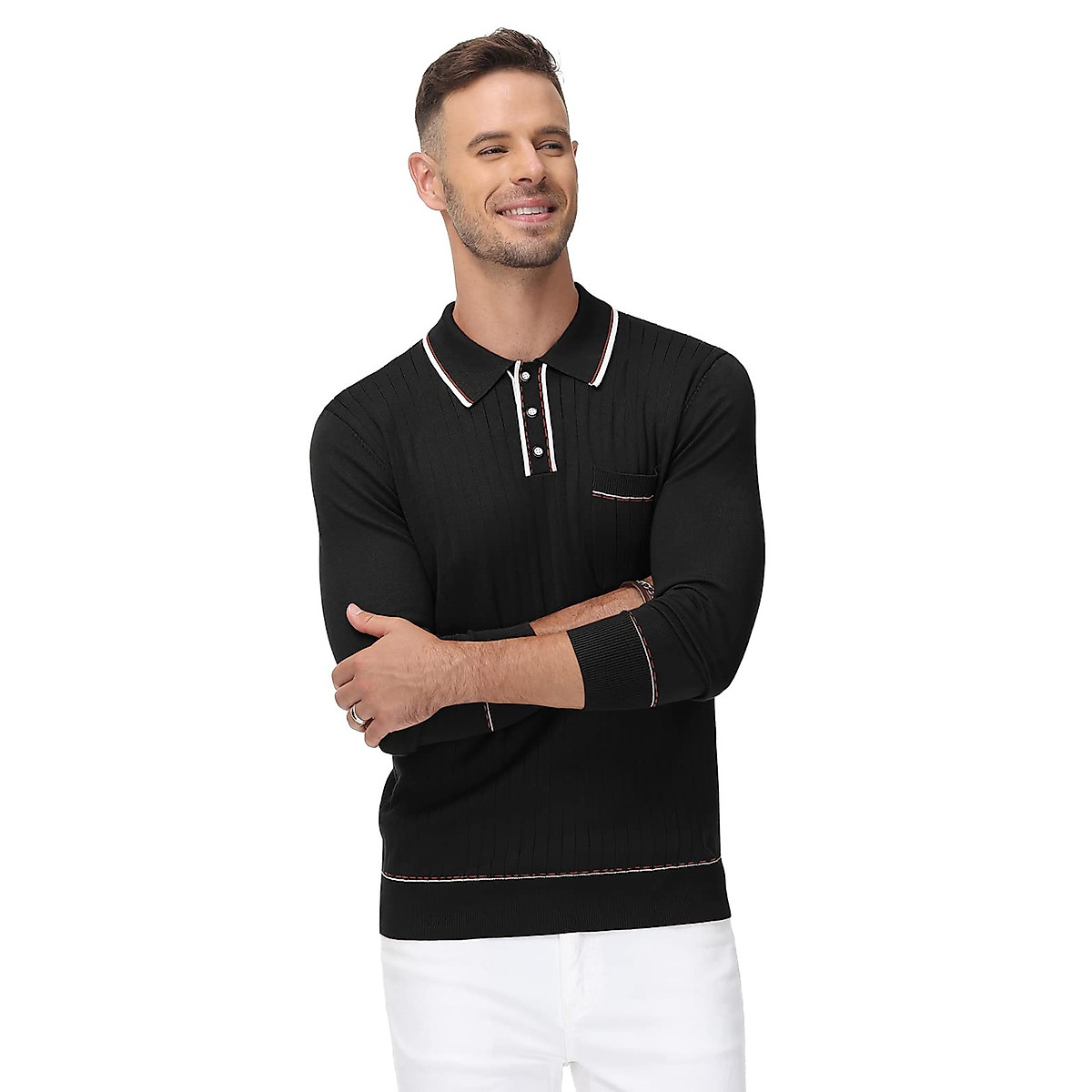 PJ PAUL JONES Mens Vintage Knit Sweater Long Sleeve Lapel Collar Pullover Sweater Black XL