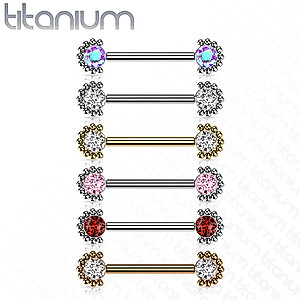 Dynamique Implant Grade Titanium Nipple Barbells Internally Threaded With Bezel Set CZ Center And Beaded Edge (Sold Per Pair Or Per Piece)