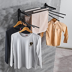 Towel Rack with 7 Towel Bar Holder Foldable Towel Shelf with Movable Hooks Wall Mounted Lavatory Towel Organizer Space Saving Towel Holder Black