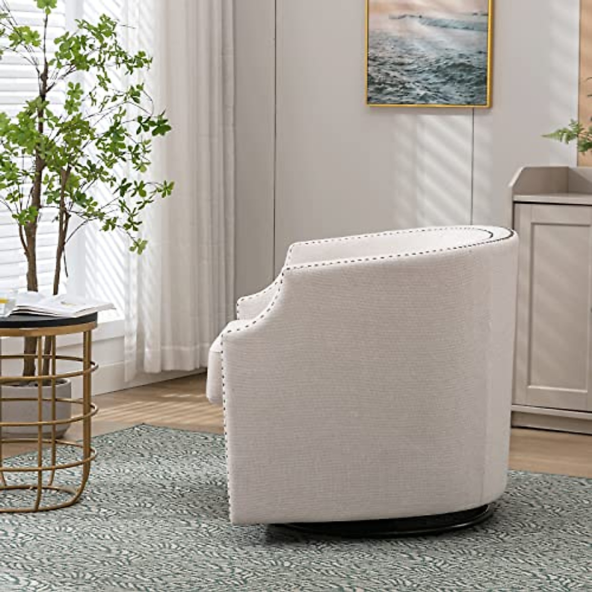 Swivel Glider Nursery Chair Rocker- Comfy Rocking Chair for Baby Nursery Mid Century Modern Accent Barrel Chairs for Living Room Curved Arm Chair with Nailhead Round Club Chair for Bedroom Beige