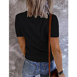 MEROKEETY Women's Short Sleeve V Neck Ribbed Knit Button T Shirts Henley Solid Color Summer Tops, Black, L