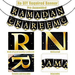Ramadan Mubarak Banner Party Decorations Black Gold Moon Lantern Hanging Bunting Ramadan Kareem Hanging Banner Party Supply for Home Wall Window Door Fireplace Mantle Ramadan EID Party Favor