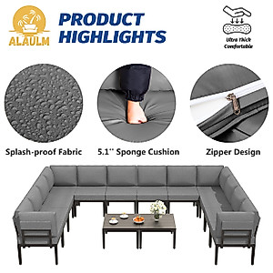 ALAULM 8 Pieces Metal Patio Furniture Set with Propane Fire Pit Table Modern Outdoor Furniture w/55000 BTU Fire Pit Patio Sectional Sofas w/5.1'' Sponge Cushions for Patio, Backyard, Poolside-Grey