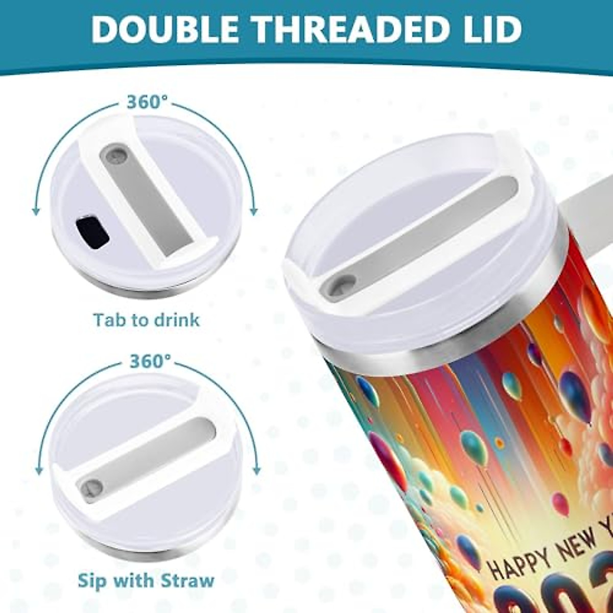 ODAWA New Year Balloons Water Tumbler with Handle and Straw Lid Insulated Coffee Cups 40 Oz Stainless Steel Tumblers