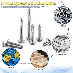 Glarks 250Pcs M3 M4 M5 M6 Metric 304 Stainless Steel Phillips Truss Head Sheet Metal Tek Screws Assortment Kit, 12 Sizes 12-30mm Pan Head Self Tapping Wood Screws Set