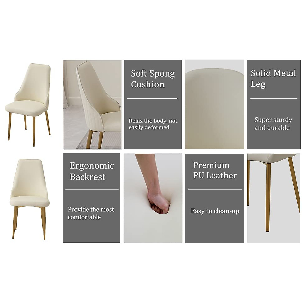 Runboll Modern Dinner Chairs Set of 2 PU Leather Accent Chairs with Metal Legs for Kitchen, Dining, Bedroom, Living Room