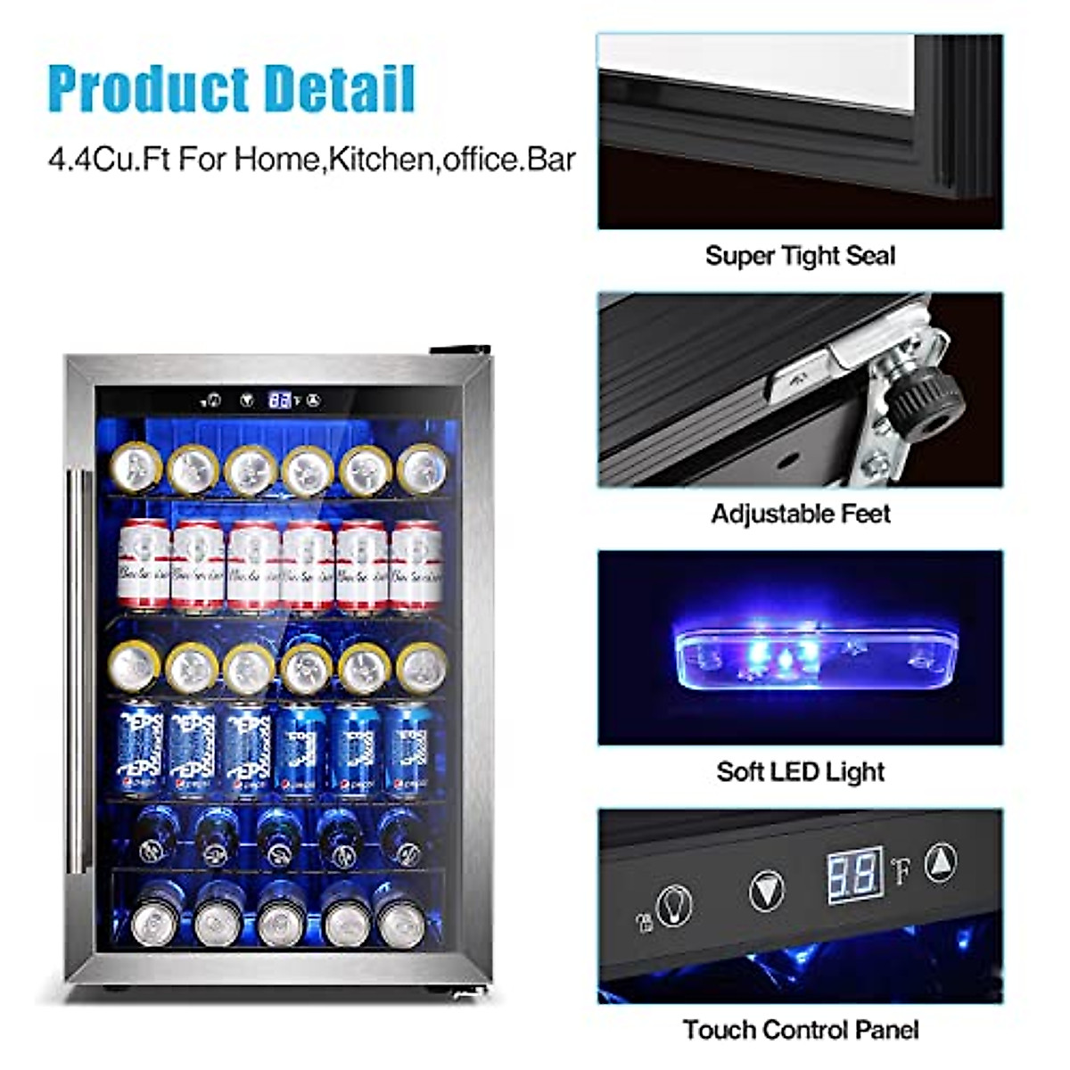 R.W.FLAME 37 Bottles Beverage Refrigerator, Mini Fridge with Stainless Steel Glass Door, Freestanding Wine Cellar, Fast Cooling Bar Fridge, Digital Temperature Control, Low Noise, 4.4cu.ft