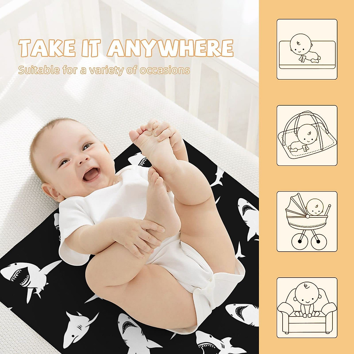 Ykklima Baby Changing Pad, Cute White Shark Fierce Black Pattern Change Mat for Diaper Change Waterproof Cotton Portable Reusable Washable for Home & Travel (20 x 28 Inches)