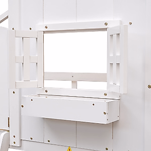 BOVZA Twin Over Twin House Bunk Beds with Roof and Window Door, Window Box, Ladder, Wood Playhouse Bunk Bed for Kids Girls Boys Teens, White