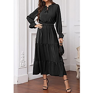 KIRUNDO Women's 2023 Fall Long Sleeve Tie Crew Neck Maxi Dress Casual Empire Waist Boho Ruffle Flowy Long Dresses(Black, Medium)