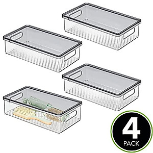 mDesign Small Plastic Stackable Bathroom Cabinet Storage Bin Box with Handles/Lid, Drawer Stacking Organizer for Soap, Lotion, Towels, and Accessories, Ligne Collection, 4 Pack, Clear/Smoke Gray, 15 x 8.5 x 4.2
