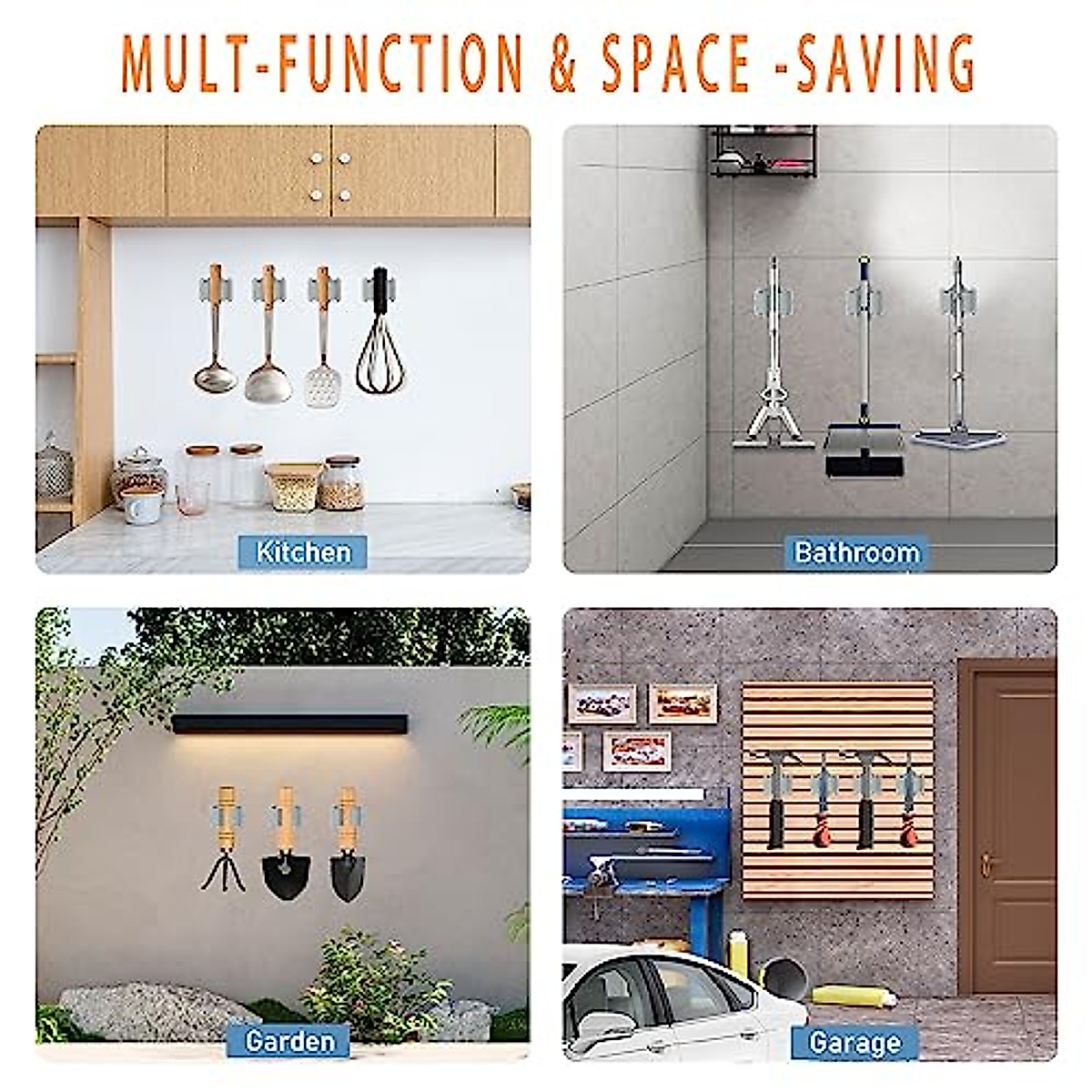 3-H Mop and Broom Holder Wall Mount, Broom Holder Wall Mount 10 Pack, Broom Holder for Garage Garden Shed Storage System Laundry Room Home Kitchen Organization up to 1.45 Inch(grey)