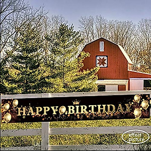 Ushinemi Happy Birthday Banner Party Signs for Birthday Backdrop, Large, Black and Gold