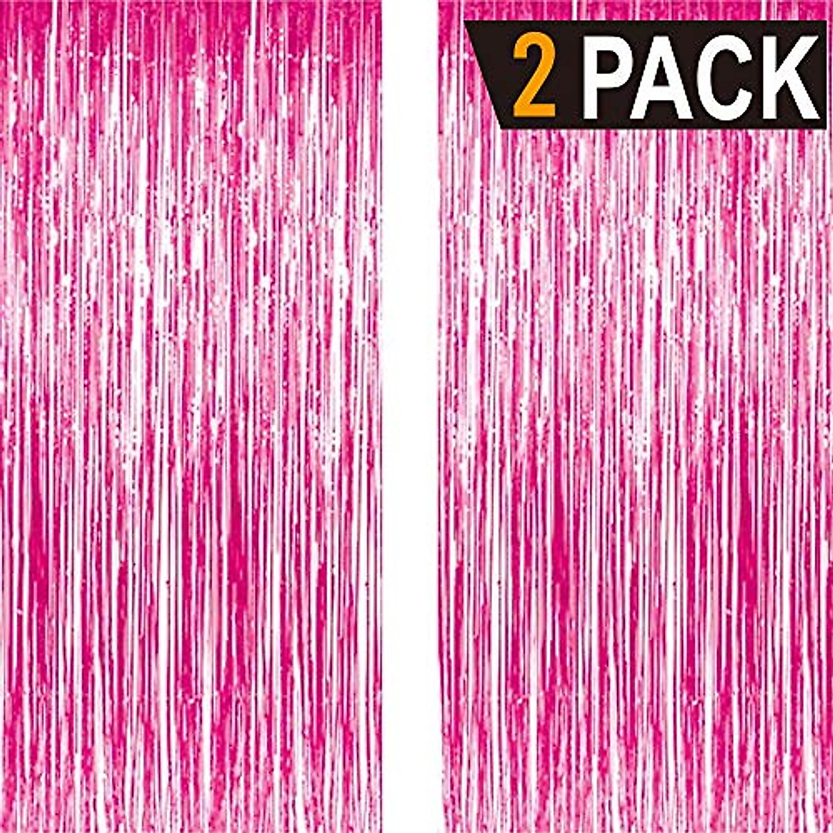 GOER 6.4 ft x 9.8 ft Metallic Tinsel Foil Fringe Curtains,Pack of 2 Party Streamer Backdrop for Galentines Day,Birthday,Graduation Decorations and New Year Eve (Hot Pink)