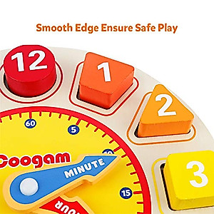 Coogam Wooden Shape Color Sorting Clock – Teaching Time Number Blocks Puzzle Stacking Sorter Jigsaw Montessori Early Learning Educational Toy Gift for Year Old Kids
