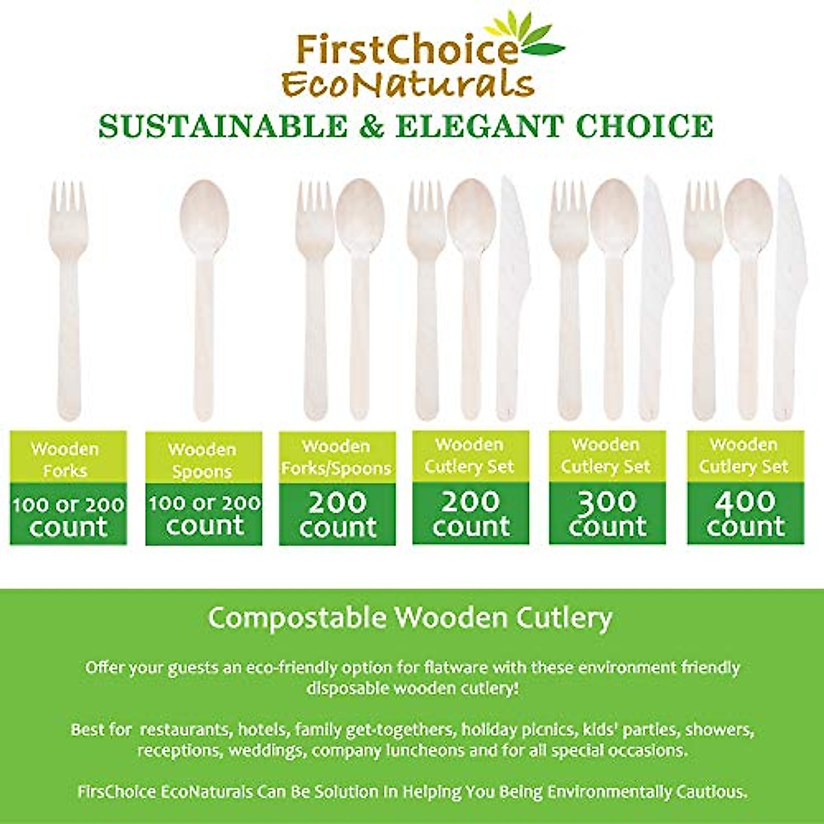 FirstChoice EcoNaturals 300 Count Disposable Wooden Cutlery Set, 100 Forks, 100 Spoons, 100 Knives, Wooden Utensils in Paper Box with Sectional Tray