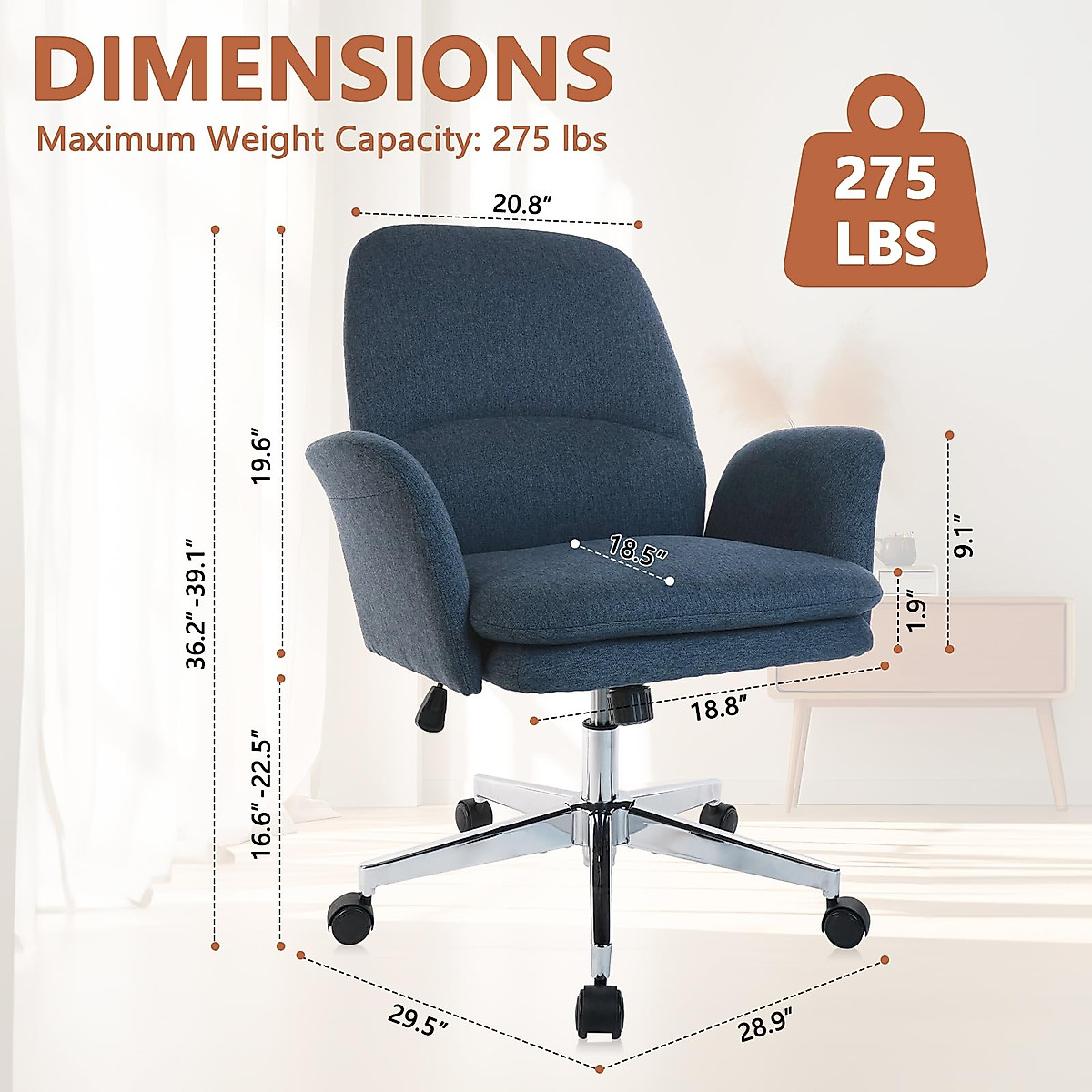 Novigo Set of 2 Accent Swivel Rolling Chair Adjustable Height Mid Back Dining Room Desk Chair with Upholstered Armrests Comfy Back Support Vanity Chair for Office Bedroom,Blue