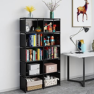 JIUYOTREE 6-Tiers Portable Bookshelf with Fabric Cloth at Back, 10 Cube Closet Storage Organizer Bookcase, Living Room,Study Room,Bedroom, Black