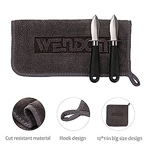 WENDOM Oyster Knife Shucker Set Oyster Shucking Knife and Gloves Cut Resistant Level 5 Protection Seafood Opener Kit Tools Gift(2knifes+2Glove+1Cloth)