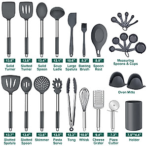 Homikit 38 Pieces Kitchen Cooking Utensils Set with Holder, Gray Silicone Utensil with Stainless Steel Handle, Nonstick Kitchen Tools with Spatula Ladle Pizza Cutter Grater Spoon Rest, Heat Resistant