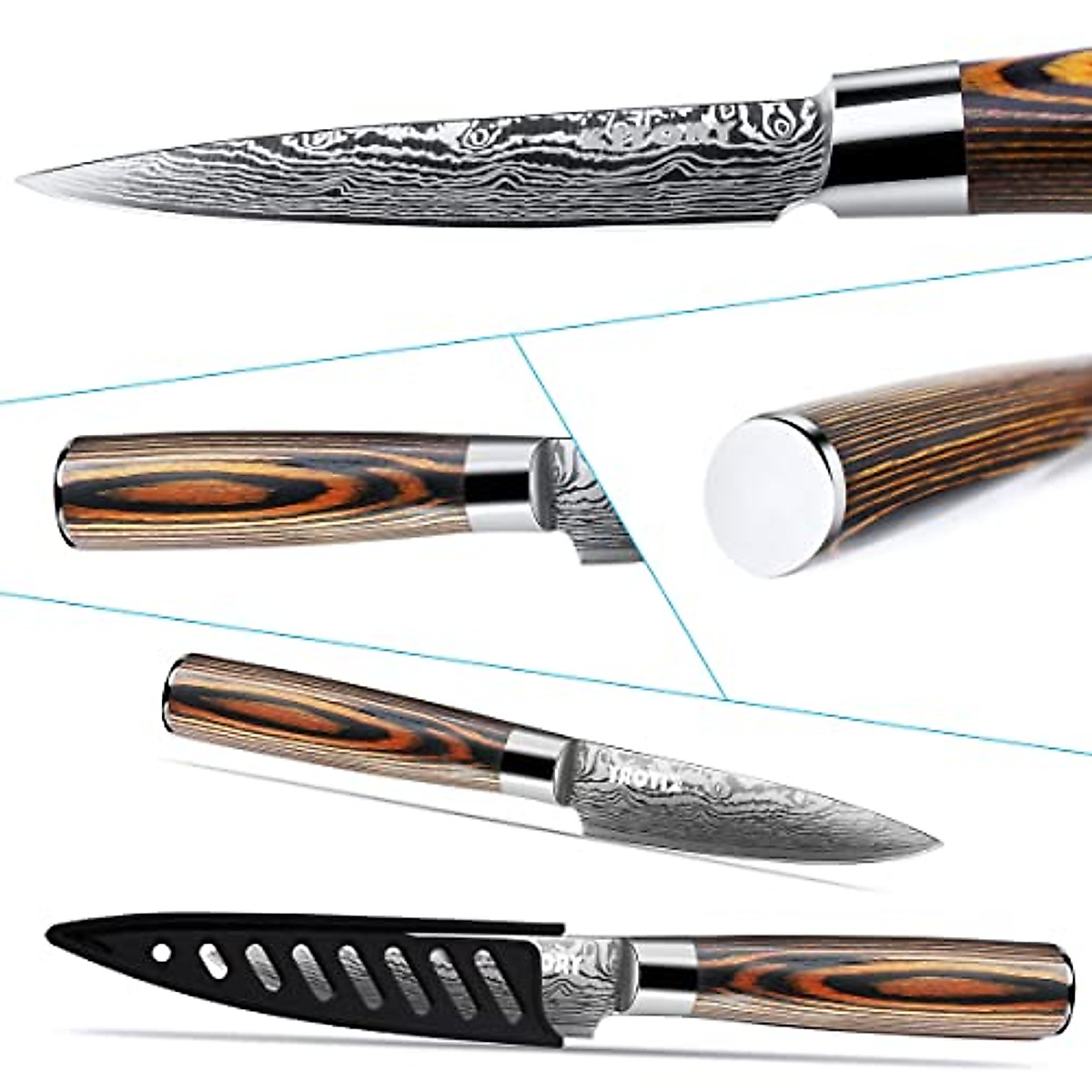 Kitory Kitchen Utility Knife 5 Inch Damascus Pattern Small Chef Knife with Sheath, German High Carbon Stainless Steel, Ergonomic Pakkawood Handle, Sharp Cooking Knife for Home&Restaurant