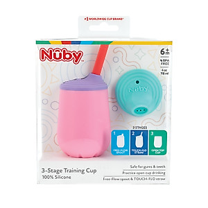 Nuby First Training Cup Set - Silicone Tumbler with Spout and Straw Combo - 4 oz - 6+ Months - Pink