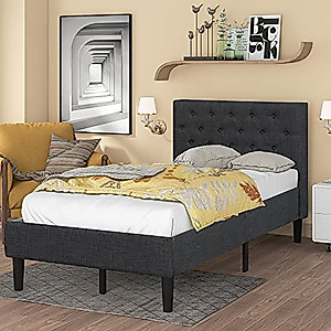 Catrimown Twin Bed Frame with Upholstered Button Tufted Headboard, Linen Fabric Platform Bed Frame with Strong Wooden Slat Support, Mattress Foundation, No Box Spring Needed, Easy Assembly, Dark Grey