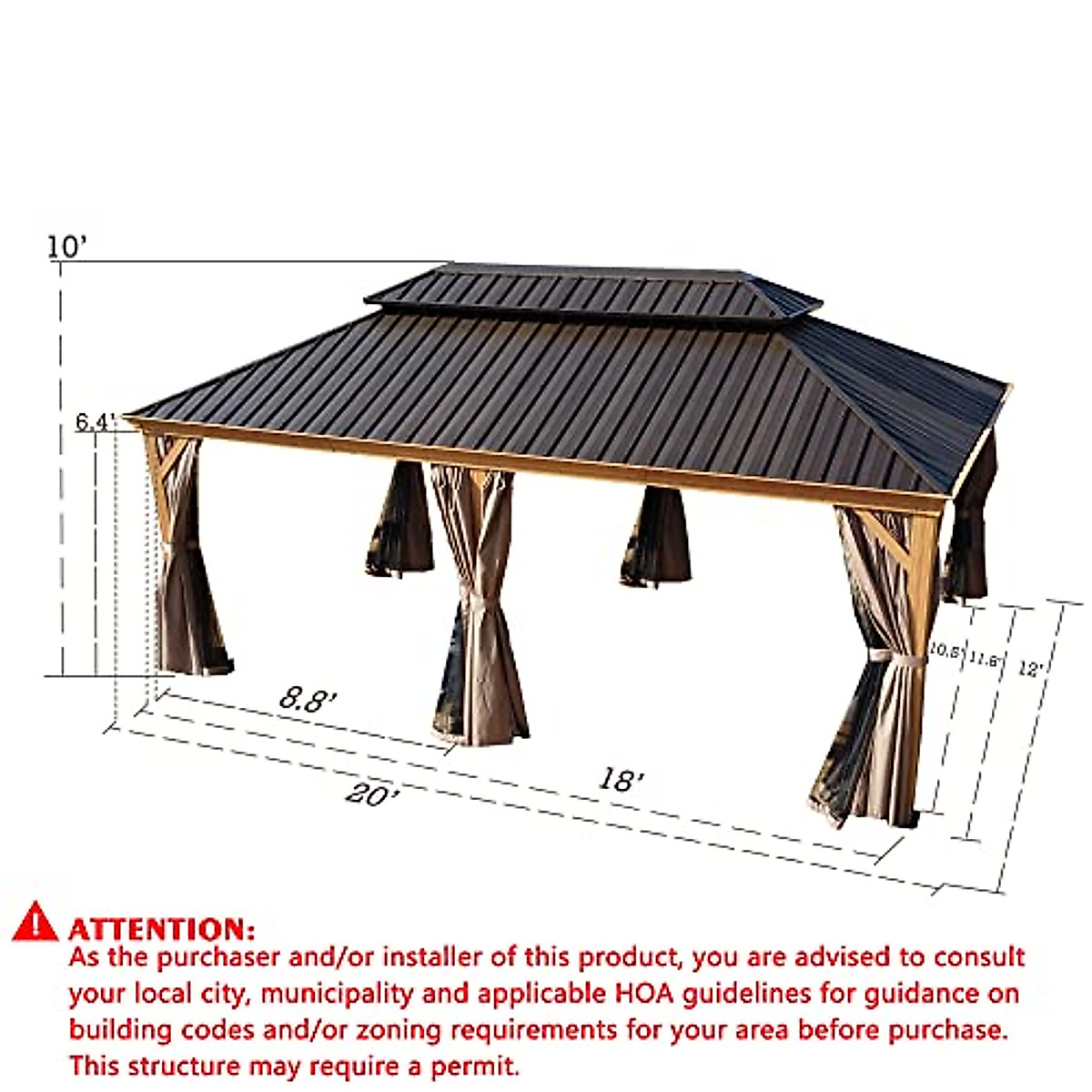 Apollo Wood Look Aluminum Hardtop Gazebo with Galvanized Steel Roof and Mosquito Net (12ft x 20ft)