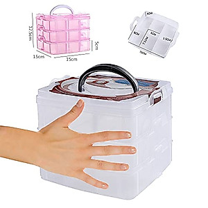 3 Tier Small Stackable Storage Container Box with Handle, CORGIMHZ Plastic Craft Organizer Case with 18 Adjustable Compartments for Washi Tapes, Art Supplies, Jewelry (5.9 x 5.83 x 4.88 in) (2, clear)
