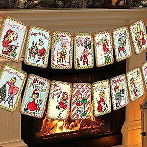 Christmas Party Decoration-Vintage Christmas Hanging Banner Supplies,15pcs Merry Christmas Bunting Banner Garland Decoration for Fireplace Christmas Outdoor and Indoor Decoration