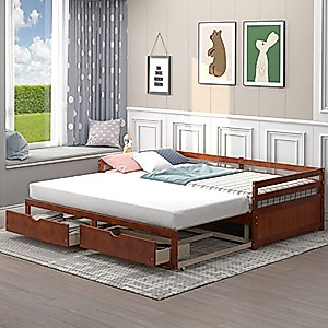Giantex Extendable Daybed with Trundle and 2 Storage Drawers, Twin to King Daybed with Solid Wood Roll Out Bed Frame, Dual-use Modern Sofa Bed for Teens, Adults, Bedroom, Living Room (Cherry)